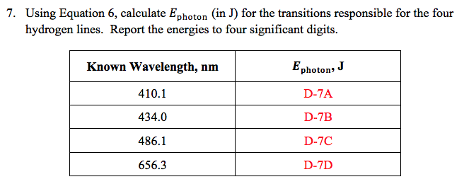Solved 7. Using Equation 6, calculate Ephoton (in J) for the | Chegg.com